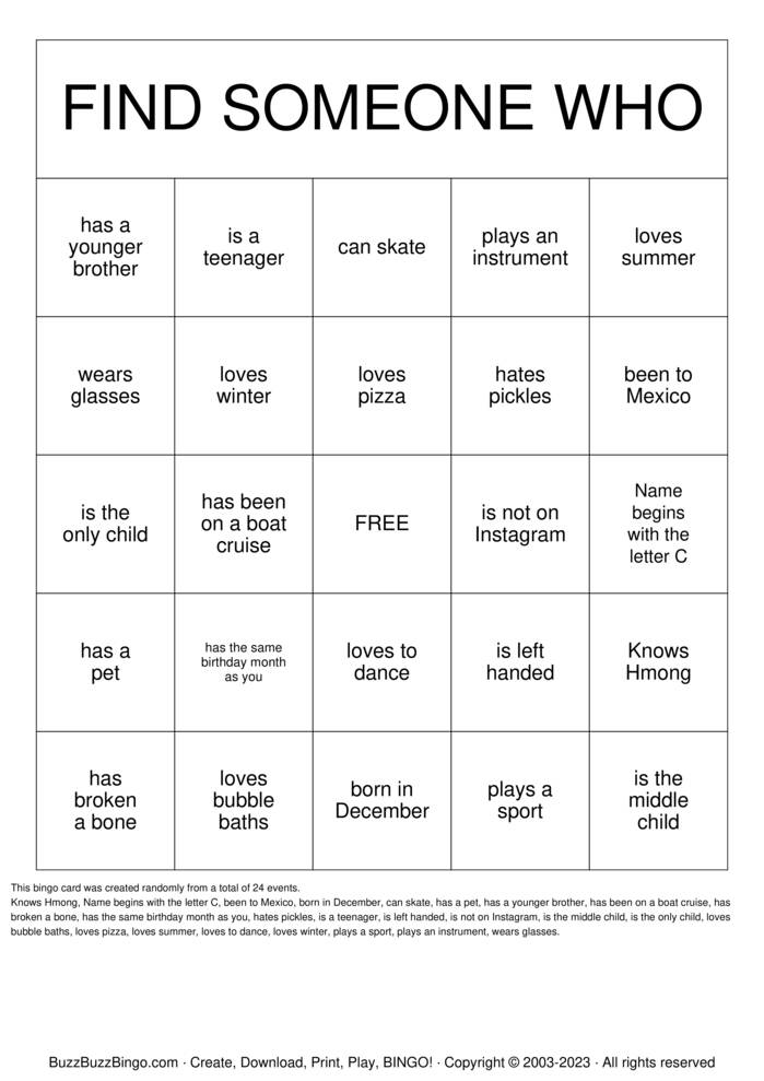 Find Someone Who Bingo Cards to Download, Print and Customize!
