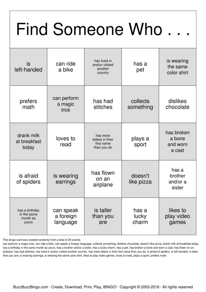 Find Someone Who... Bingo Cards to Download, Print and Customize!