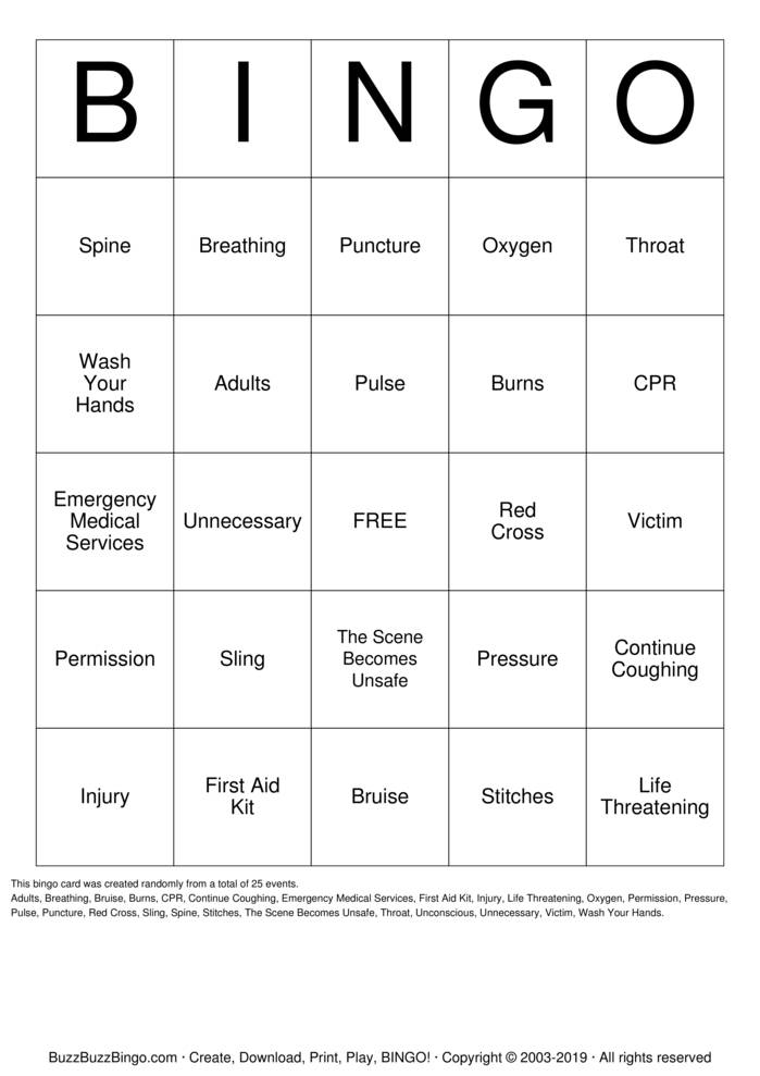 First Aid kit Bingo Cards to Download, Print and Customize!