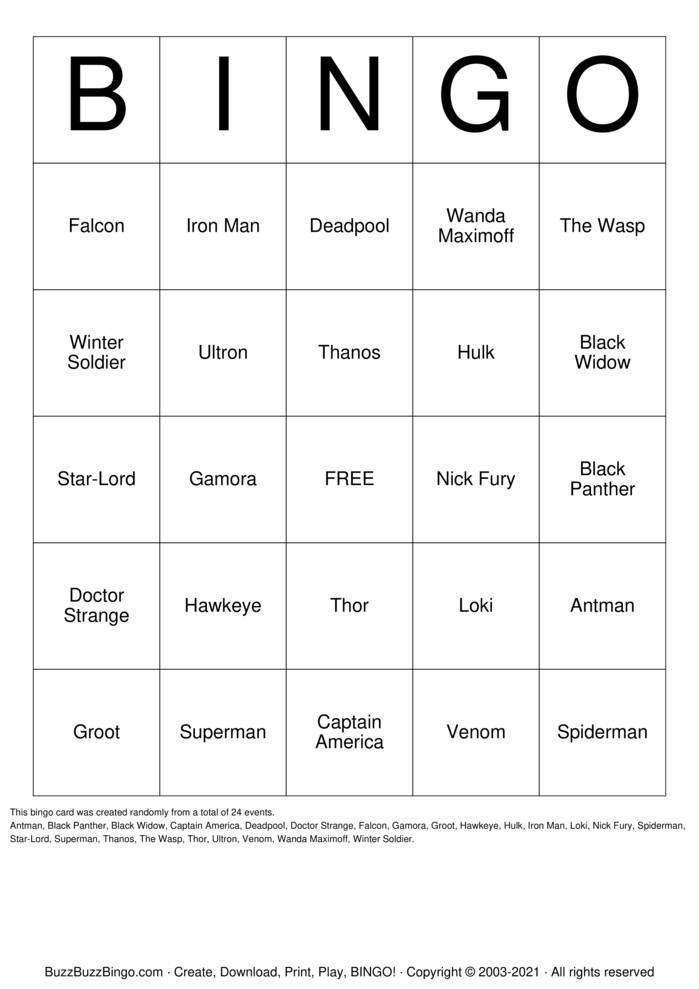Marvel Bingo Bingo Cards to Download, Print and Customize!