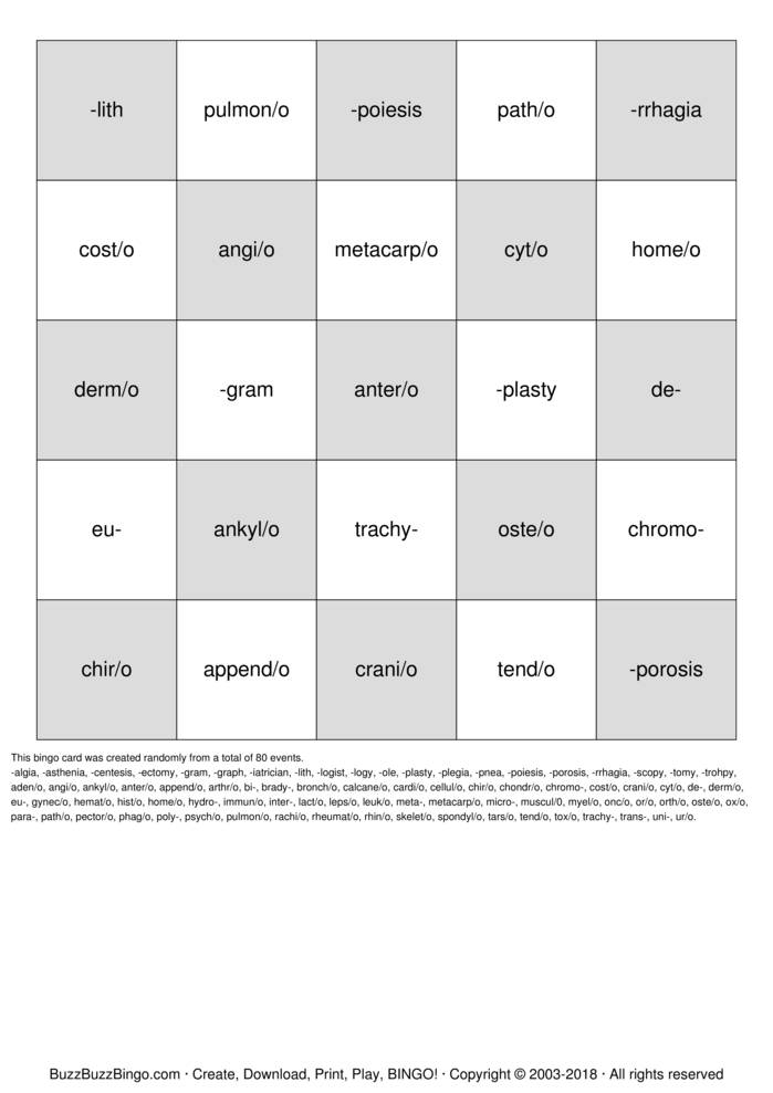 Medical Terms Word Parts Bingo Cards to Download, Print and Customize!