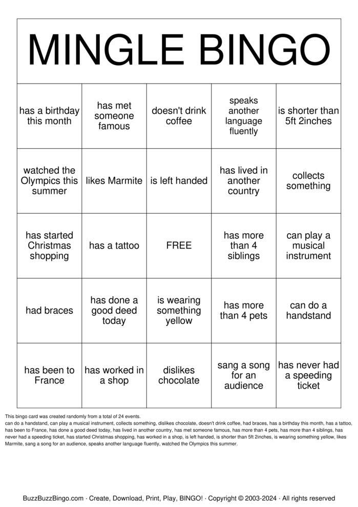 Mingle Bingo Bingo Cards to Download, Print and Customize!