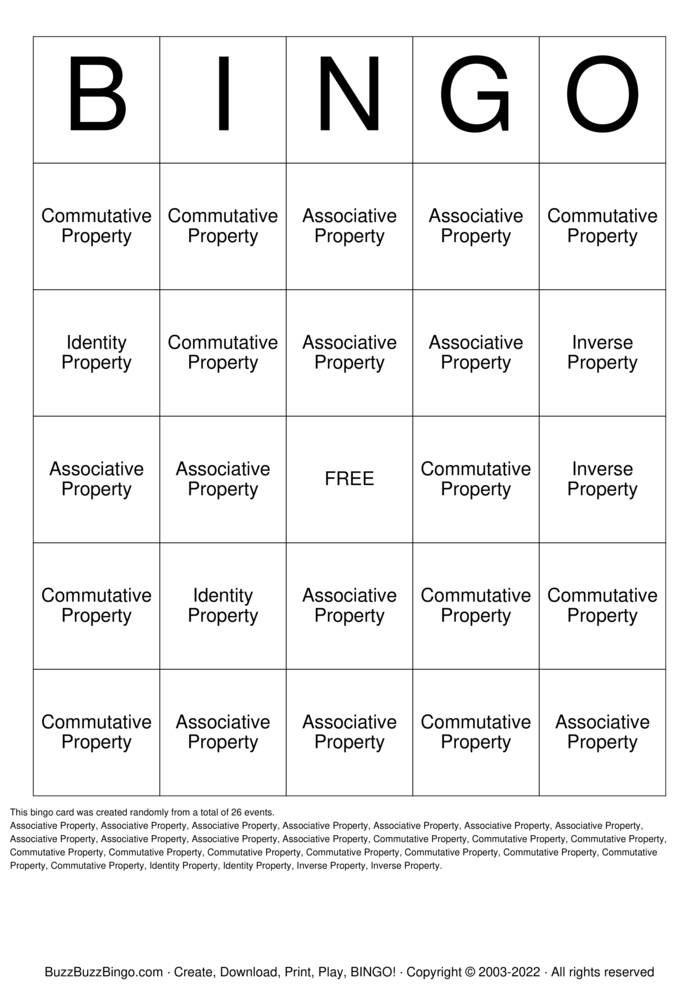 Properties of Operations Bingo Cards to Download, Print and Customize!