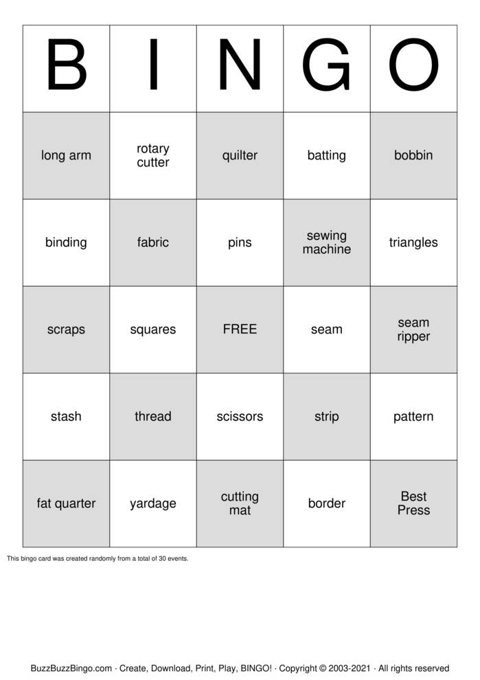QUILT Bingo Cards to Download, Print and Customize!