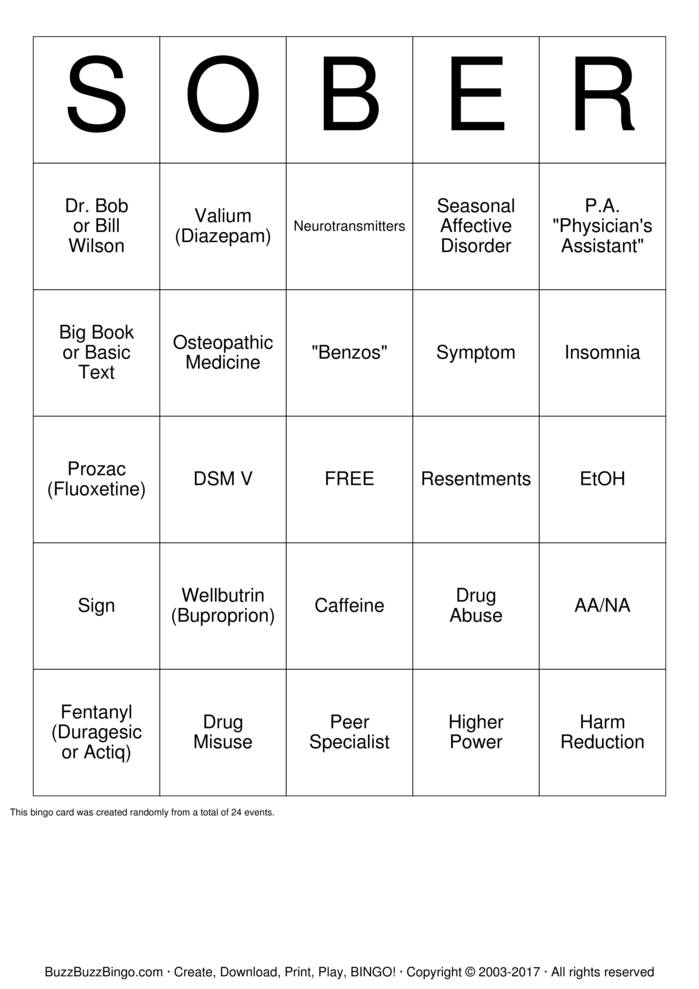 SOBER Bingo Cards to Download, Print and Customize!