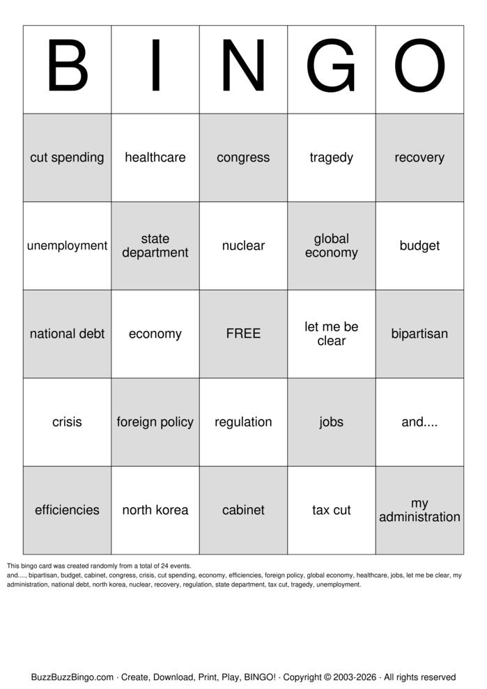State of the Union Bingo Cards to Download, Print and Customize!