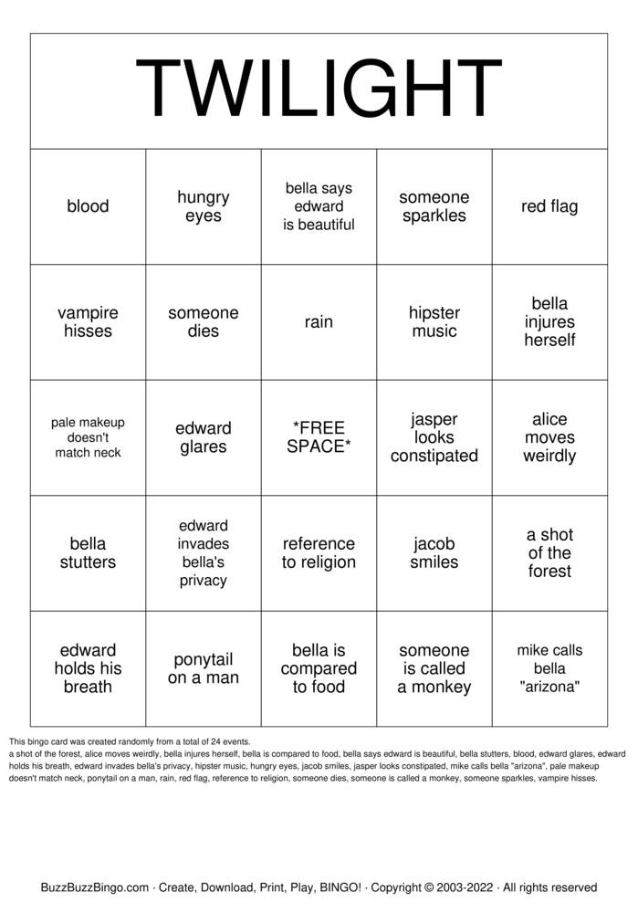 TWILIGHT BINGO Bingo Cards to Download, Print and Customize!