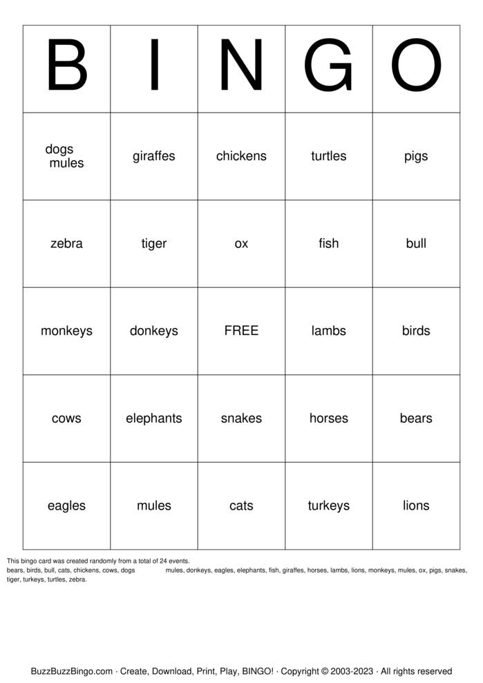 animals Bingo Cards to Download, Print and Customize!