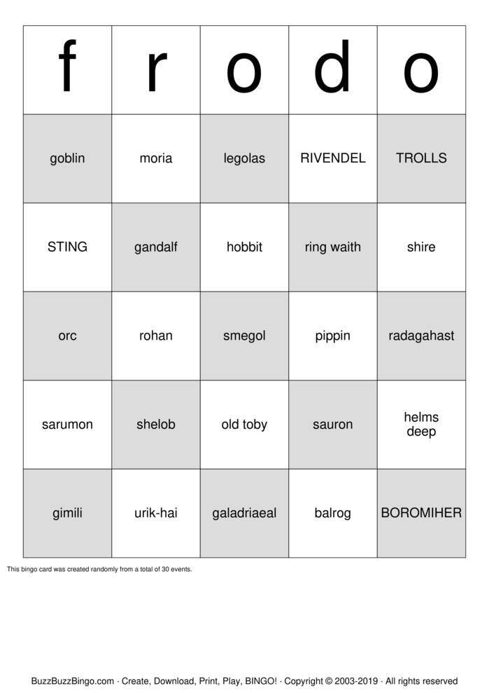 lord of the rings Bingo Cards to Download, Print and Customize!