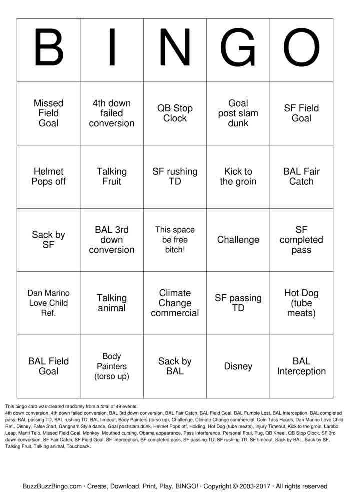 2013 Superbowl BAL vs SF Bingo Cards to Download, Print and Customize!