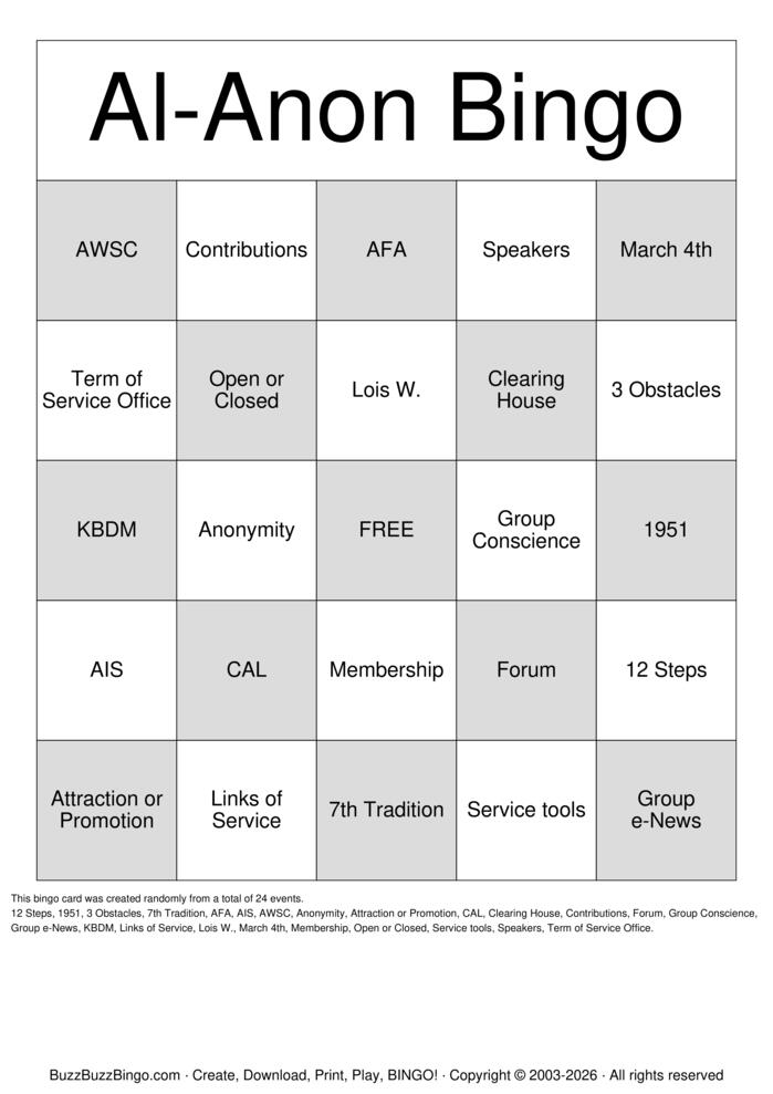 Al-Anon Bingo Bingo Cards to Download, Print and Customize!