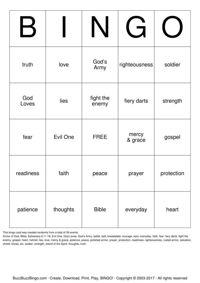 Armour of God Bingo Cards to Download, Print and Customize!