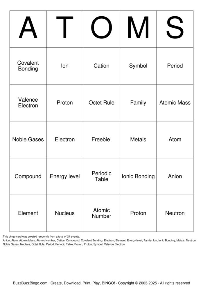 Atomic Bingo Bingo Cards to Download, Print and Customize!