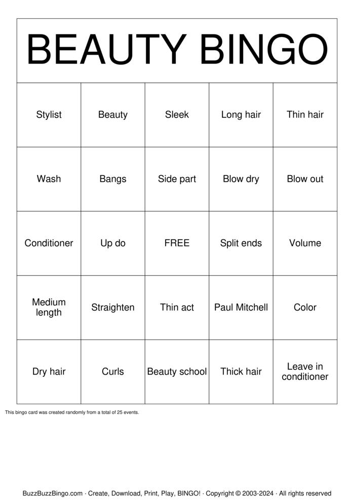 BEAUTY Bingo Cards to Download, Print and Customize!