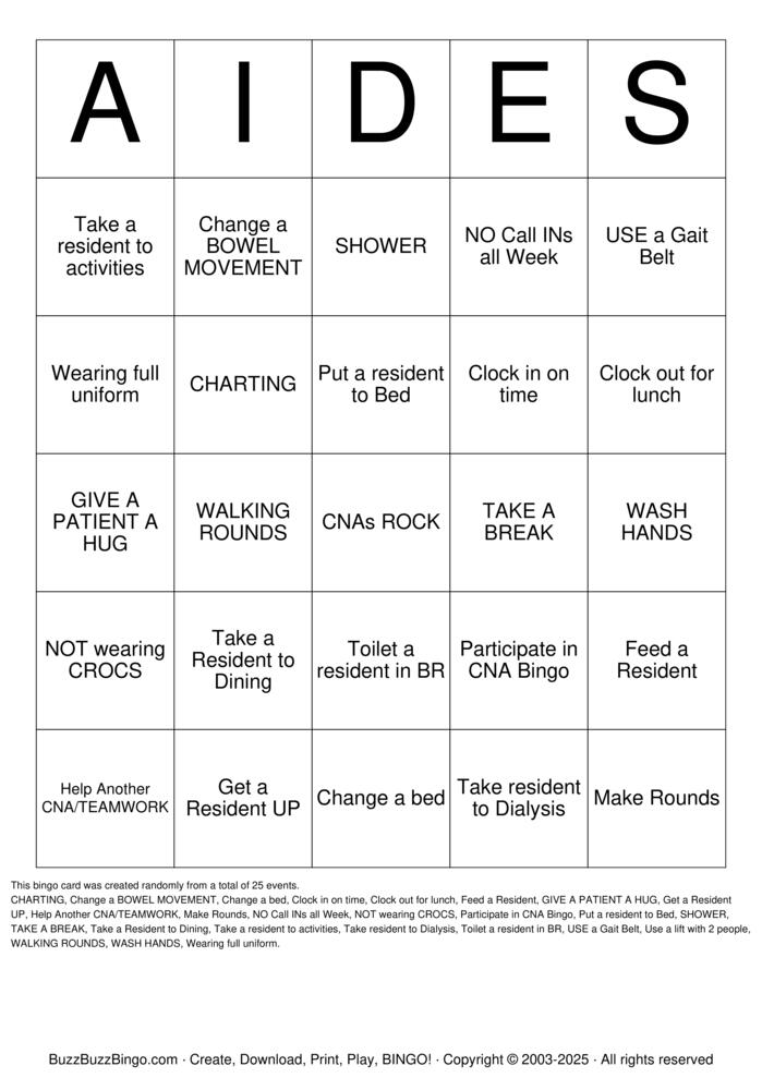 CNA Bingo Cards to Download, Print and Customize!
