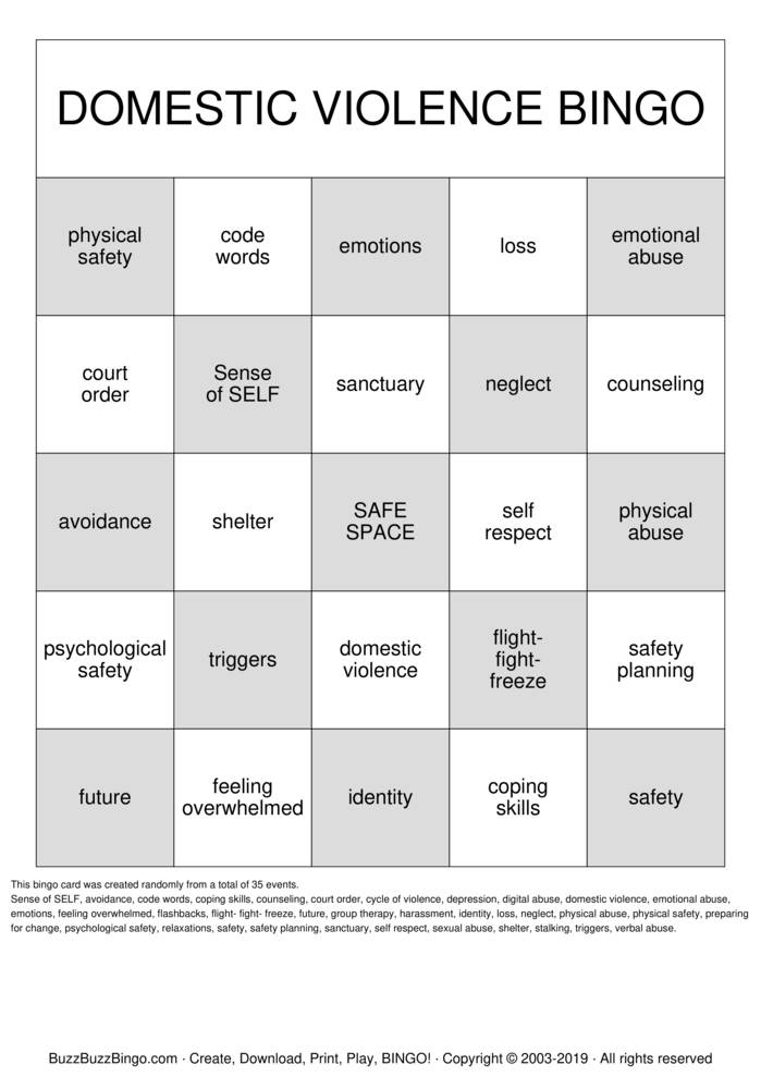 DOMESTIC VIOLENCE Bingo Cards to Download, Print and Customize!