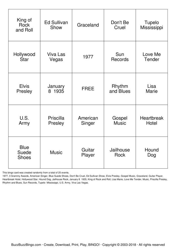 Elvis Presley Bingo Cards to Download, Print and Customize!