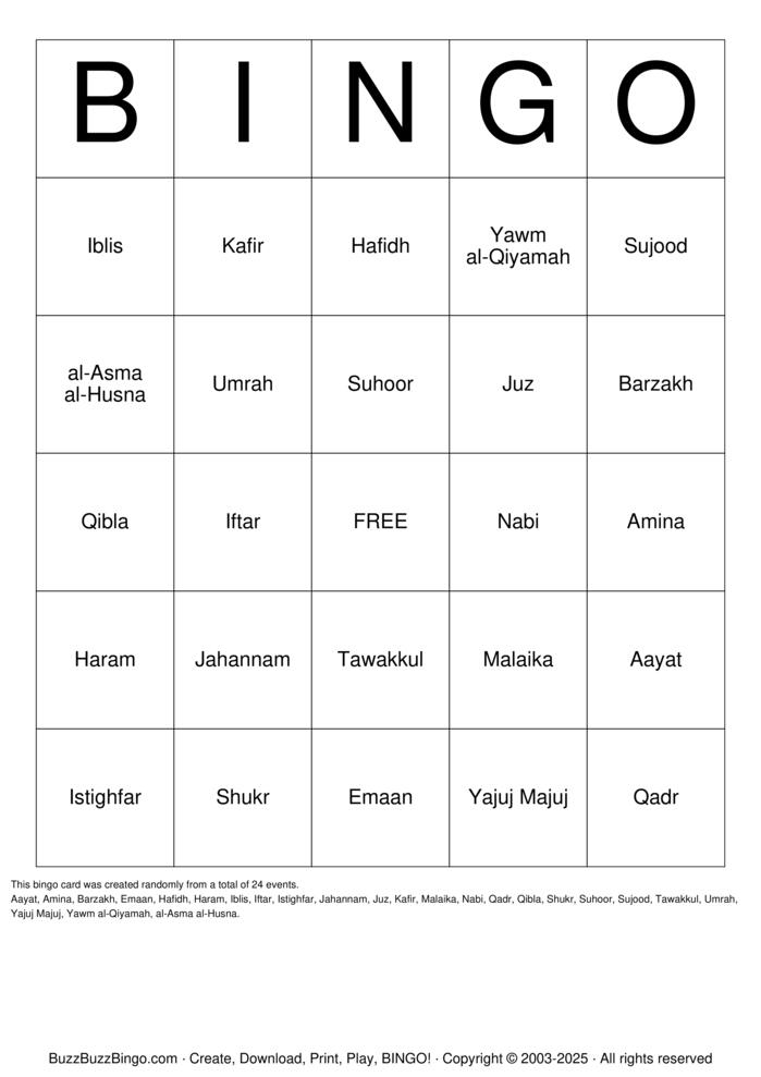 Islamic Bingo Cards to Download, Print and Customize!