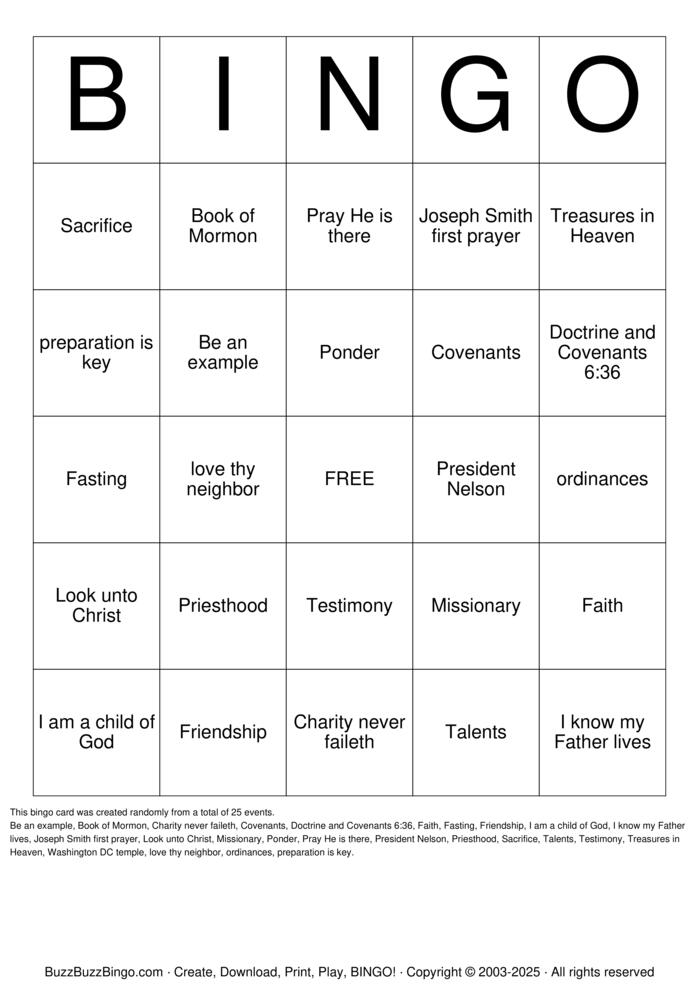 LDS YOUTH BINGO Bingo Cards to Download, Print and Customize!