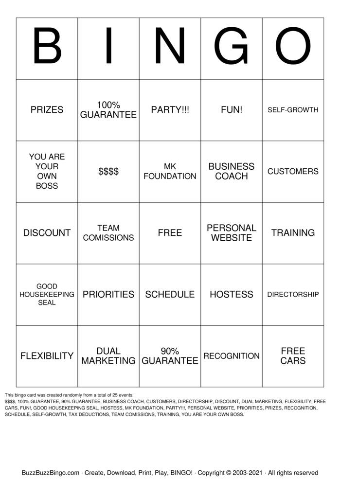 MARY KAY PARTY Bingo Cards to Download, Print and Customize!