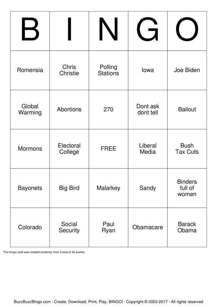 Presidential Election 2012 Bingo Cards to Download, Print and Customize!