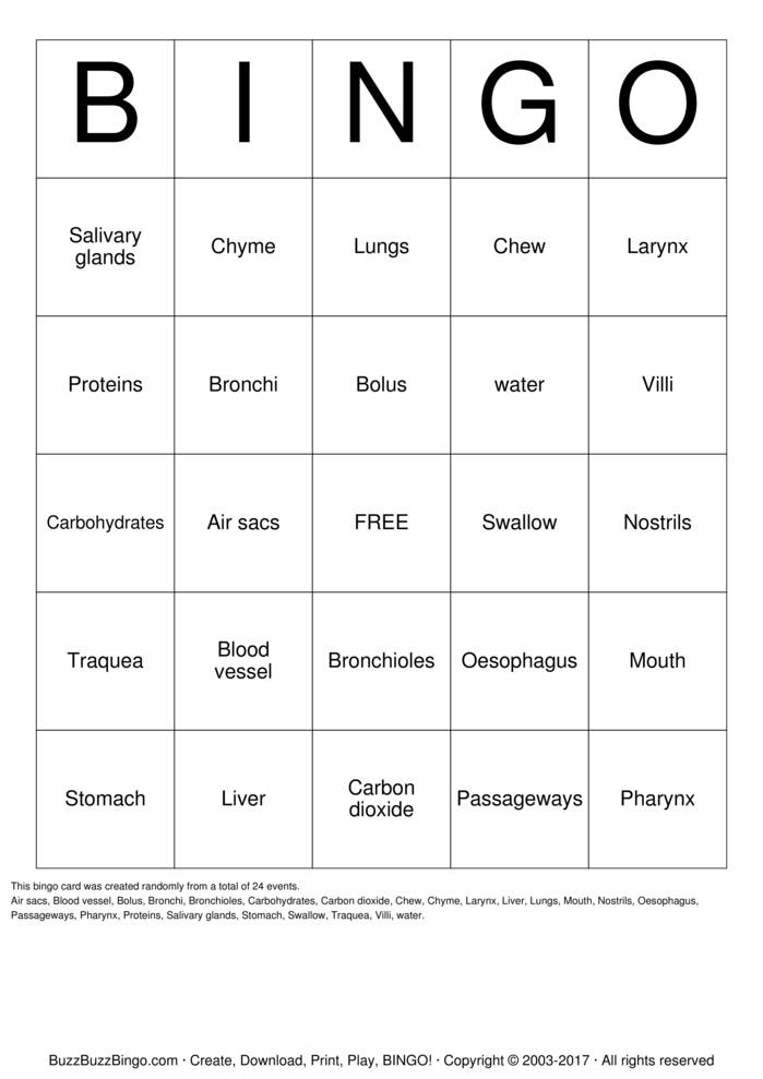 Respiratory system Bingo Cards to Download, Print and Customize!