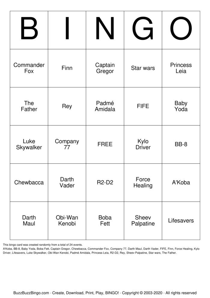 Star Wars Bingo Cards to Download, Print and Customize!