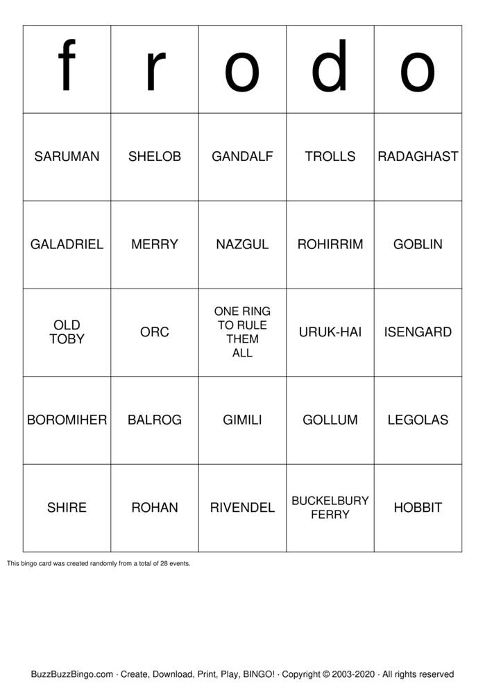 THE LORD OF THE RINGS Bingo Cards to Download, Print and Customize!