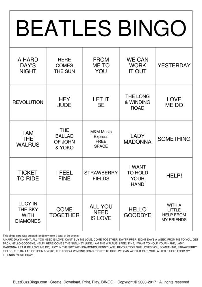 The Beatles Bingo Cards to Download, Print and Customize!