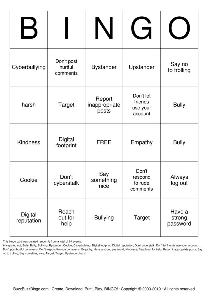 cyberbullying Bingo Cards to Download, Print and Customize!