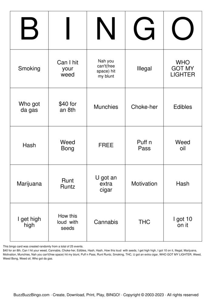 marijuana Bingo Cards to Download, Print and Customize!