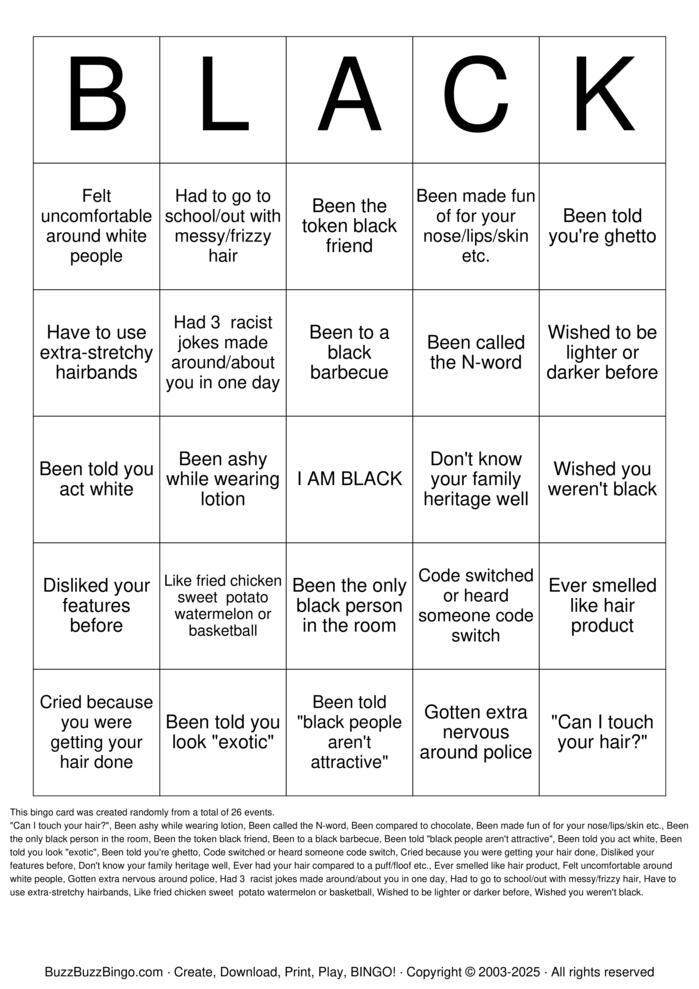 Black people Bingo Cards to Download, Print and Customize!