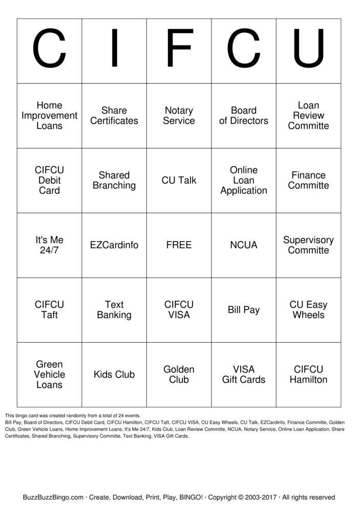 CIFCU Bingo Cards to Download, Print and Customize!