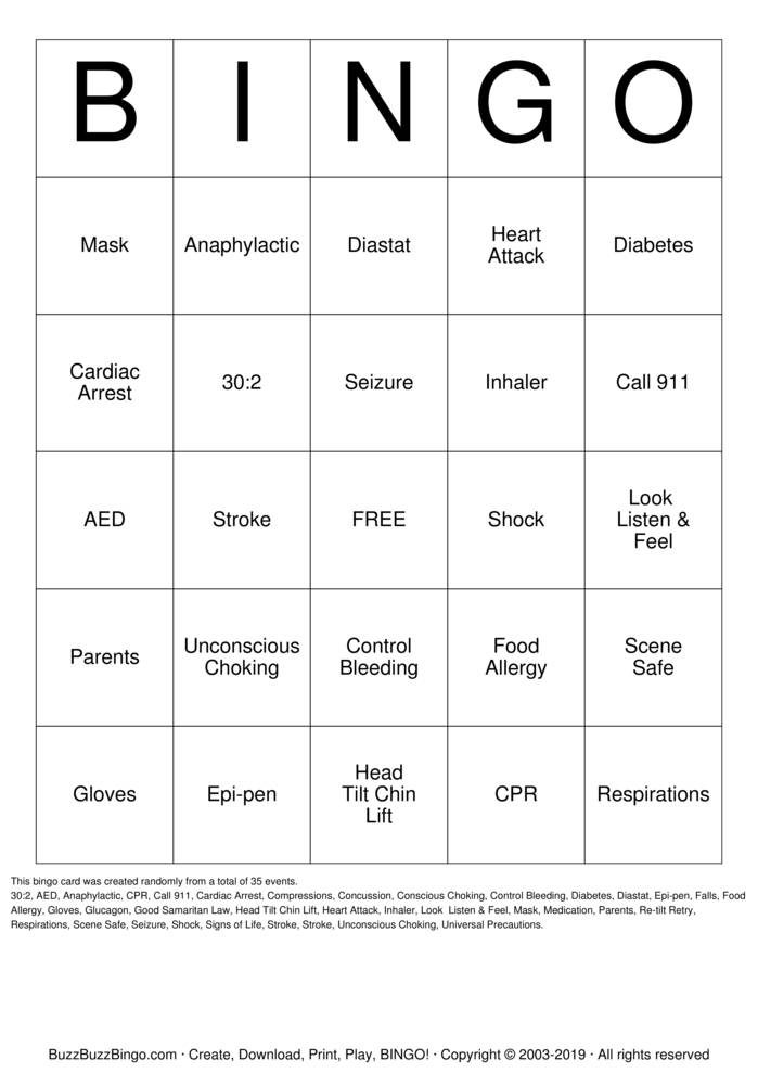 CPR/First Aid Bingo Cards to Download, Print and Customize!