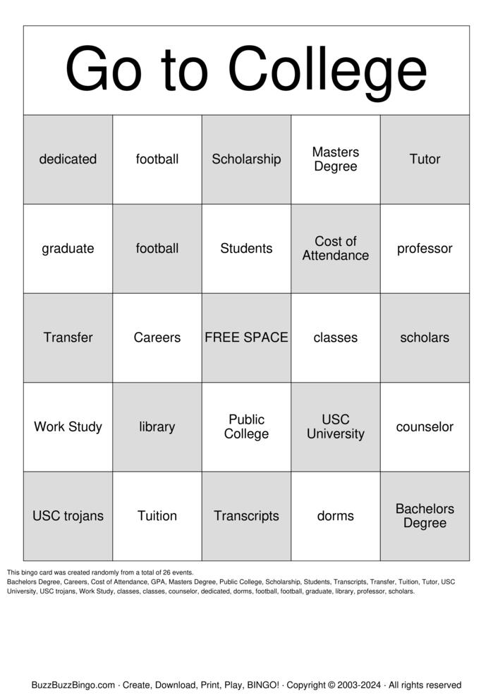 College Bingo Cards to Download, Print and Customize!