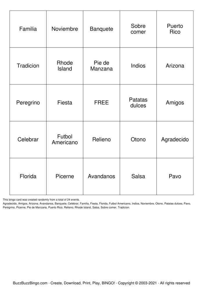 Feliz dia de accion de gracias Bingo Cards to Download, Print and ...