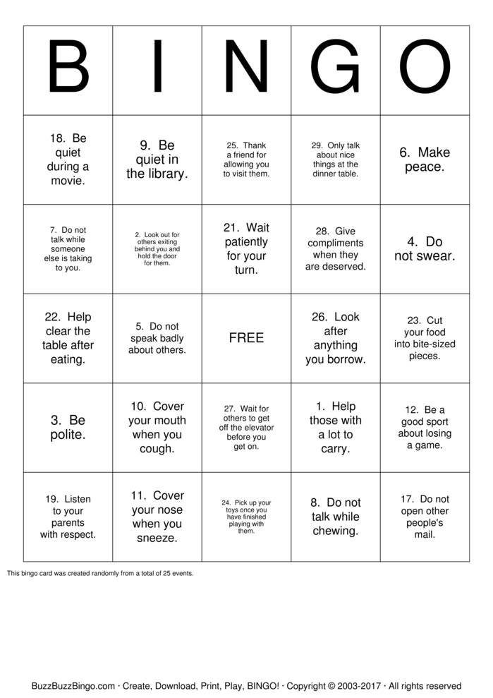 Manners Bingo Cards to Download, Print and Customize!