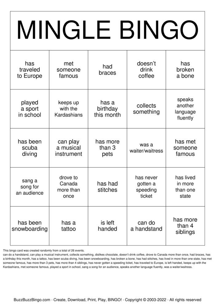 Mingle Bingo Bingo Cards to Download, Print and Customize!