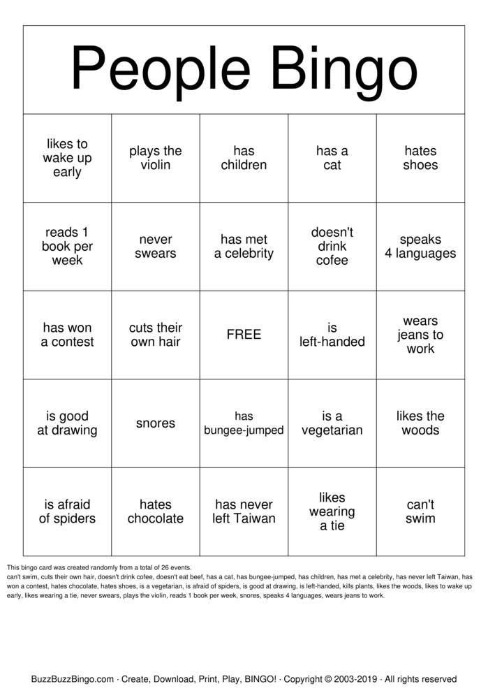 People Bingo Bingo Cards to Download, Print and Customize!