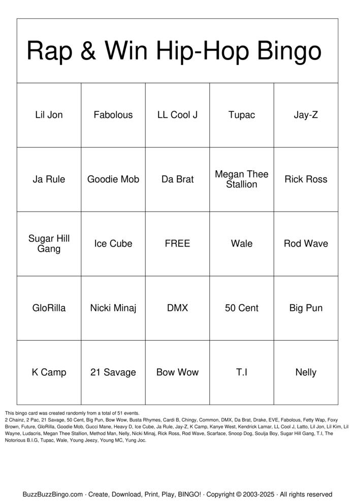Rap & Win Hip-hop Bingo Bingo Cards to Download, Print and Customize!