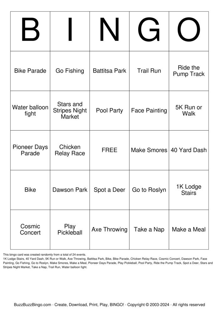 Suncadia Field Days Bingo Cards to Download, Print and Customize!