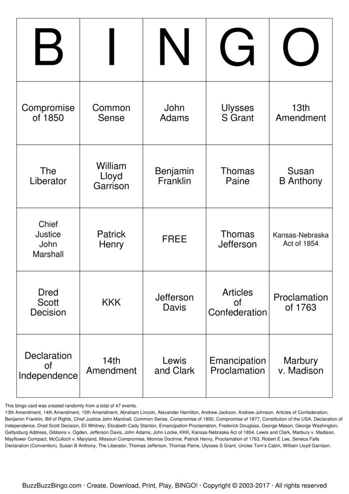 US HISTORY REVIEW Bingo Cards to Download, Print and Customize!
