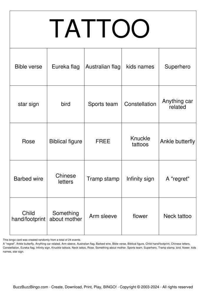 tattoo Bingo Cards to Download, Print and Customize!