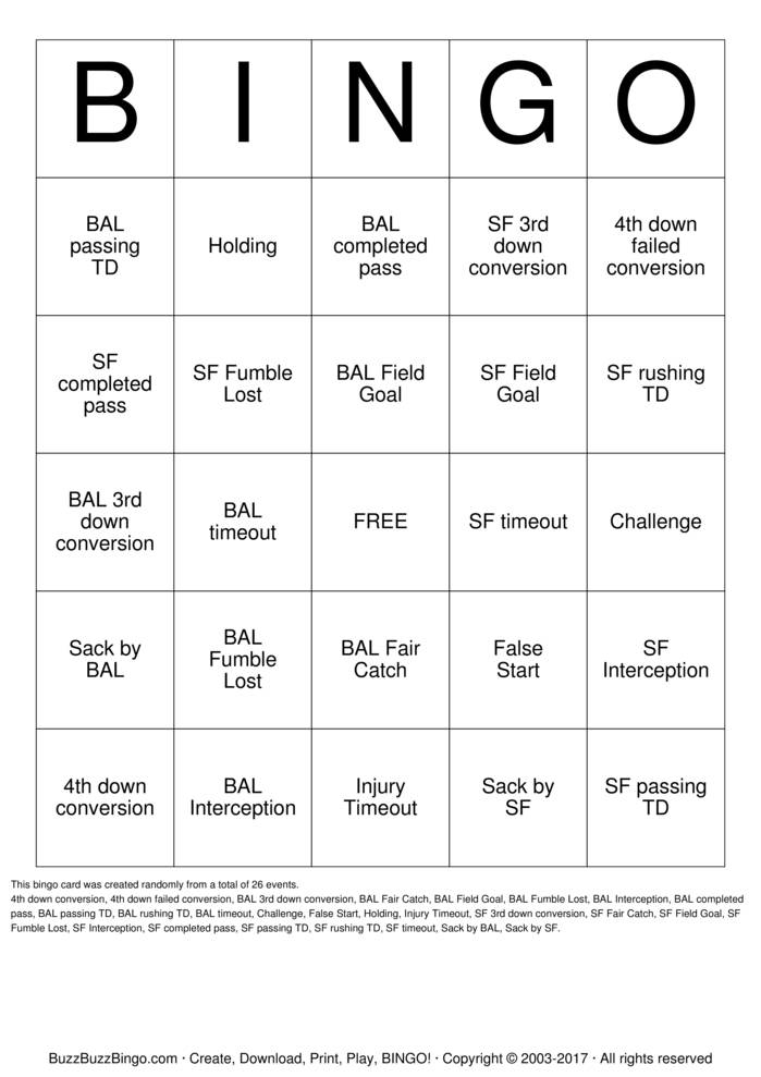 2013 Superbowl BAL vs SF Bingo Cards to Download, Print and Customize!