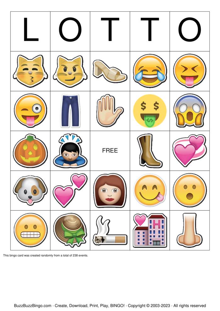 All Emoji Images Bingo Cards to Download, Print and Customize!