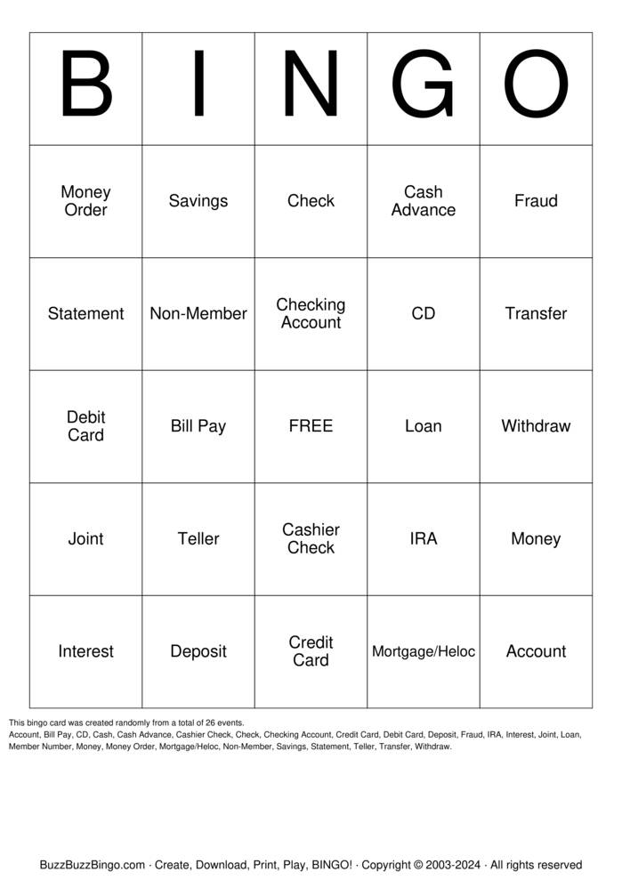 Bank Bingo Cards to Download, Print and Customize!