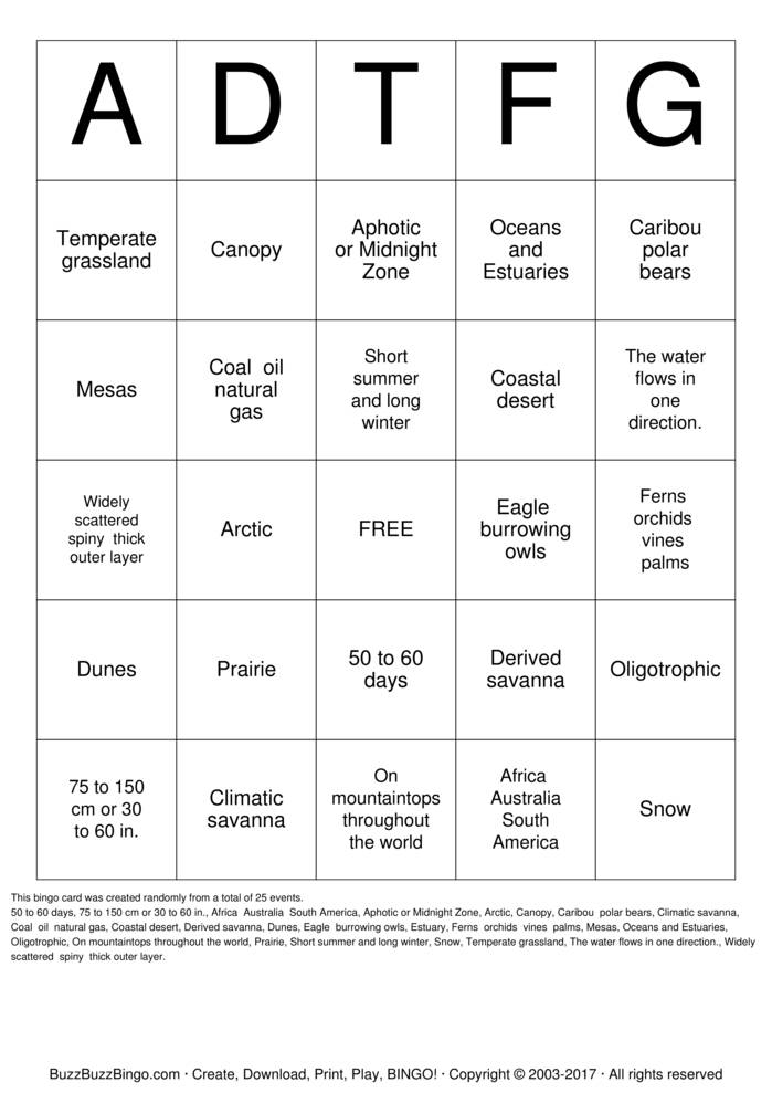 Biomes and Ecosystems Bingo Bingo Cards to Download, Print and Customize!