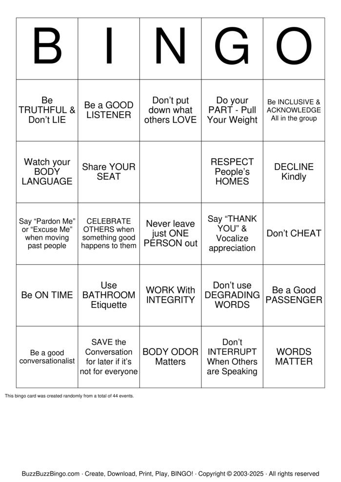 Etiquette Bingo Cards to Download, Print and Customize!