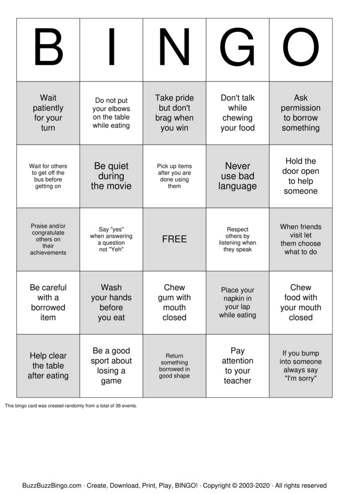 Etiquette Bingo Cards to Download, Print and Customize!
