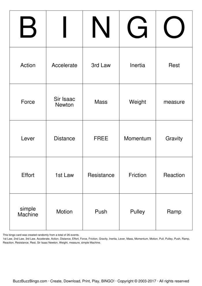 Force & Motion Bingo Cards to Download, Print and Customize!